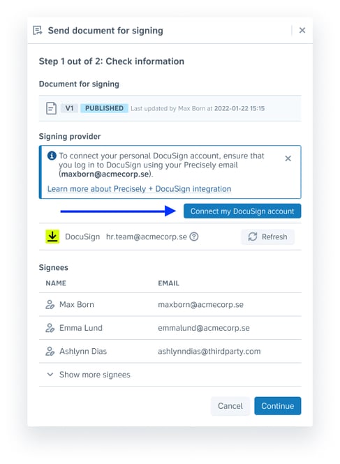 How do I connect my personal DocuSign account with Precisely?